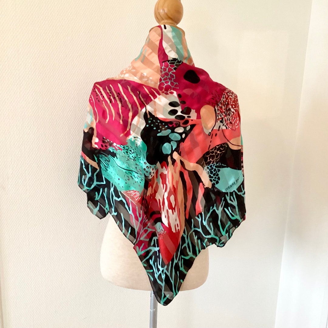 BALMAIN Vintage Silk Scarf From the 1980s / Black Scarf With Green, Red ...