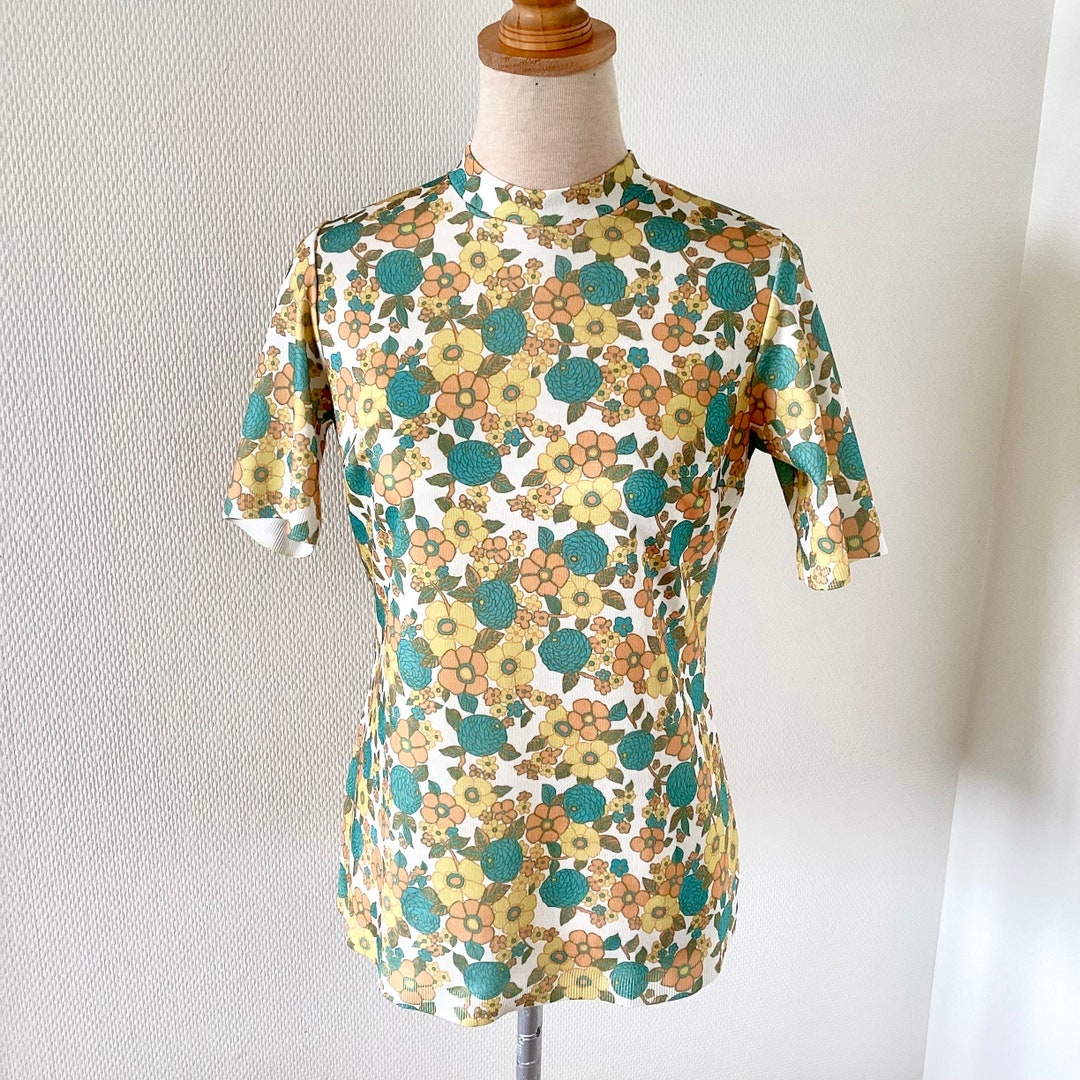 Vintage Top From the 1960s / White Mesh Top Blue Orange Yellow Flowers ...