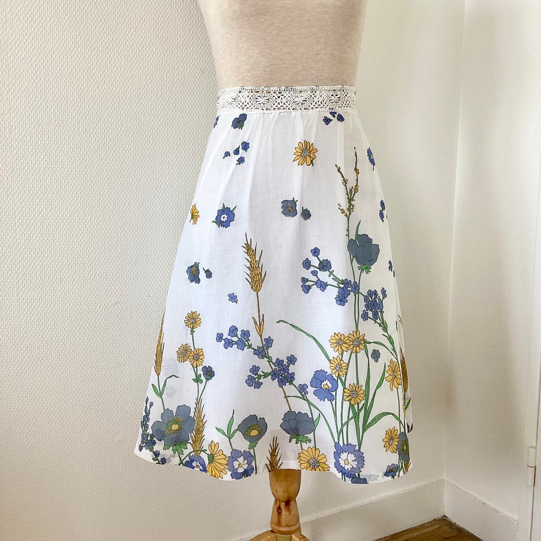 Vintage 1960s Floral Skirt / White and Blue Lace Floral Midi Skirt ...