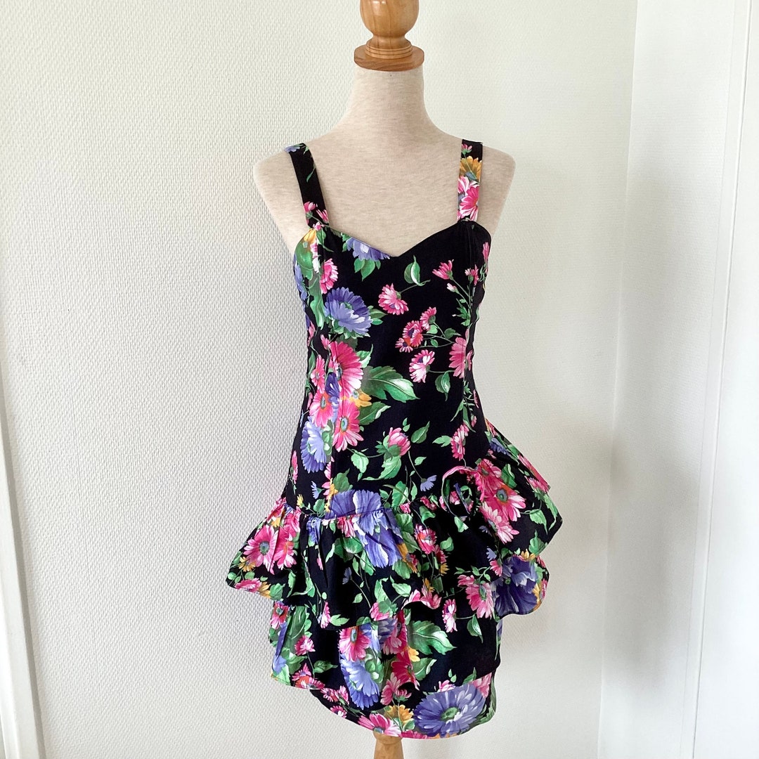 Vintage Dress 1980s / Short Dress Black Cotton Green Pink Flowers ...