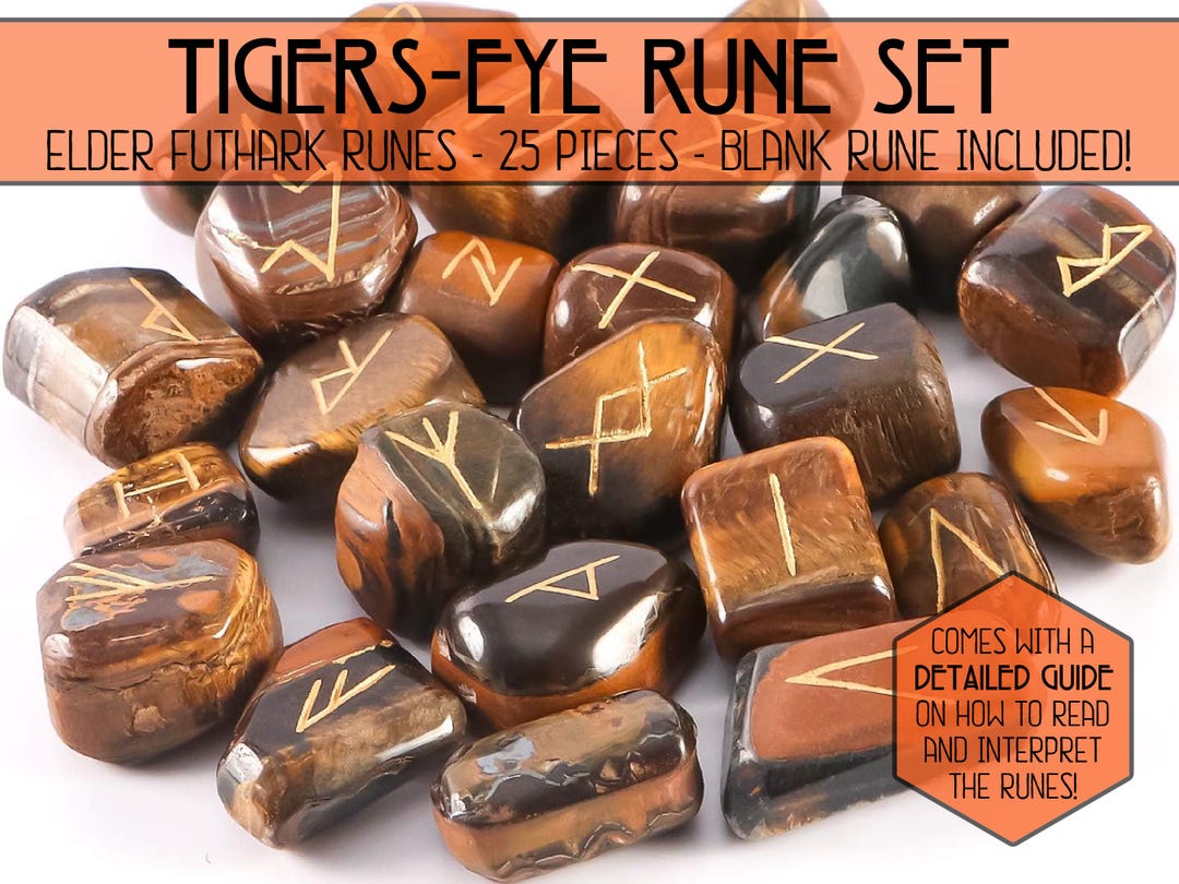 Tigers-eye Rune Set W/ Detailed Reading Guide Elder Futhark Runes Rune ...