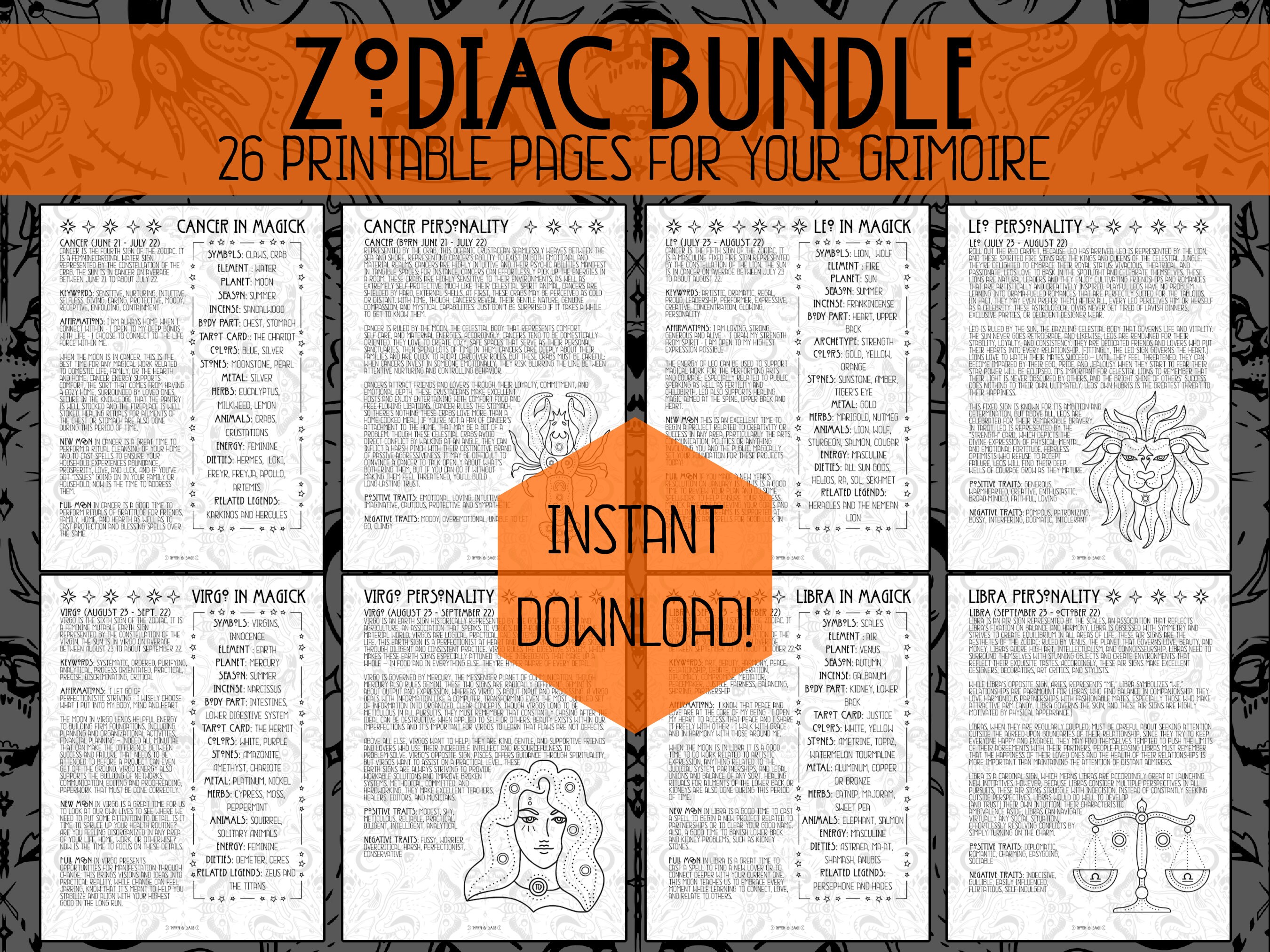 Zodiac Bundle 26 Printable Pages Astrology Instant | Etsy