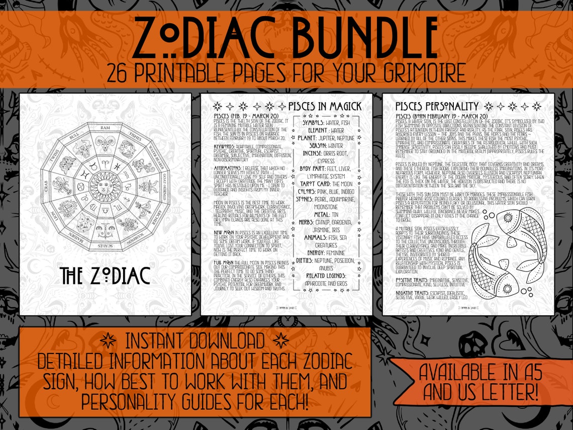 Zodiac Bundle 26 Printable Pages Astrology Instant | Etsy