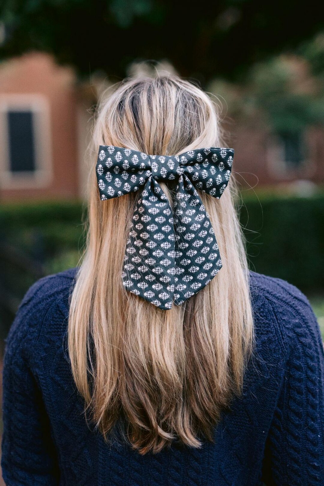 Thistle Block Print Oversized Hair Bow Barrette - Dark Green Fall Hair ...