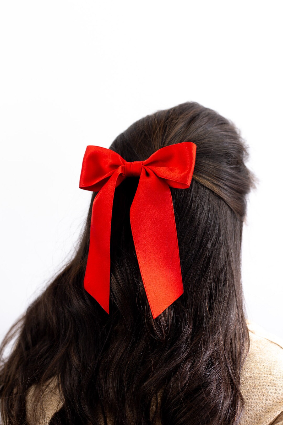 Red Oversized Matte Satin Hair Bow Long Ribbon Tails French Barrette ...