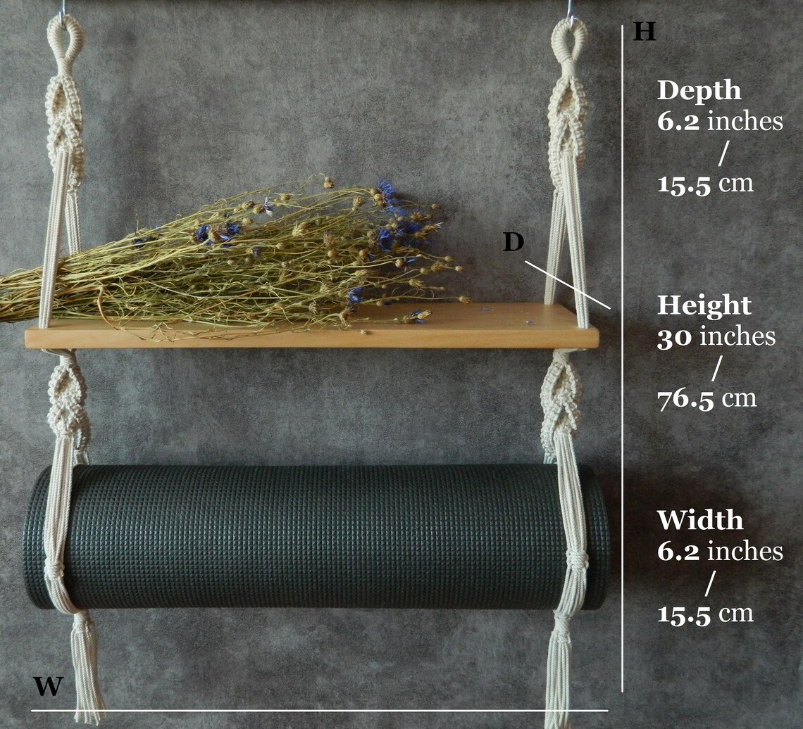 Yoga Mat / Bolster Wall Holder With Book Shelf, Macrame Wall Storage ...