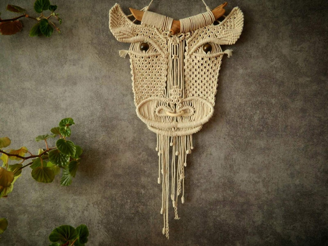 Folk Art, Farmhouse Macrame Wall Hanging, Cow / Bull Decor, Macrame ...