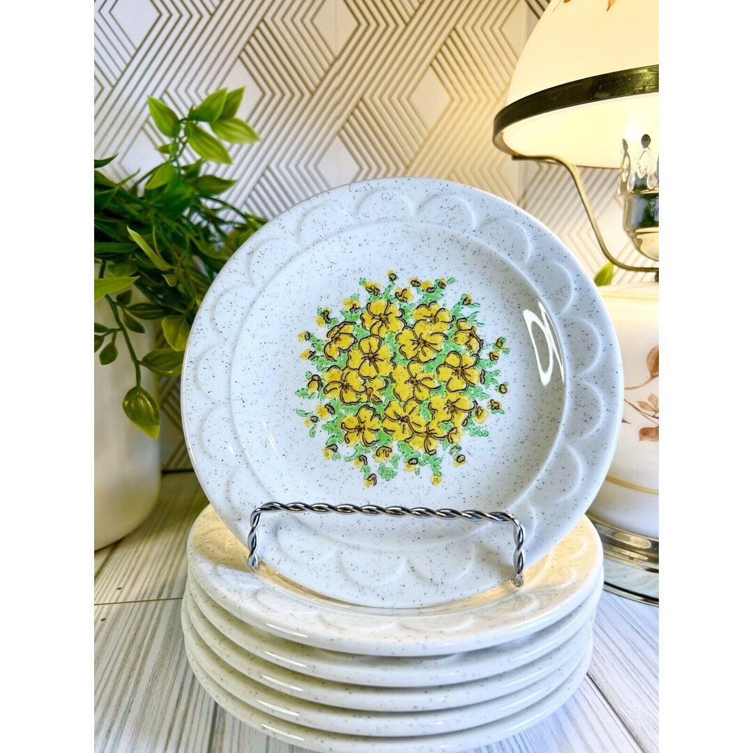 Homer Laughlin Sandstone Speckled Yellow Floral Dessert Plate Set 6 ...