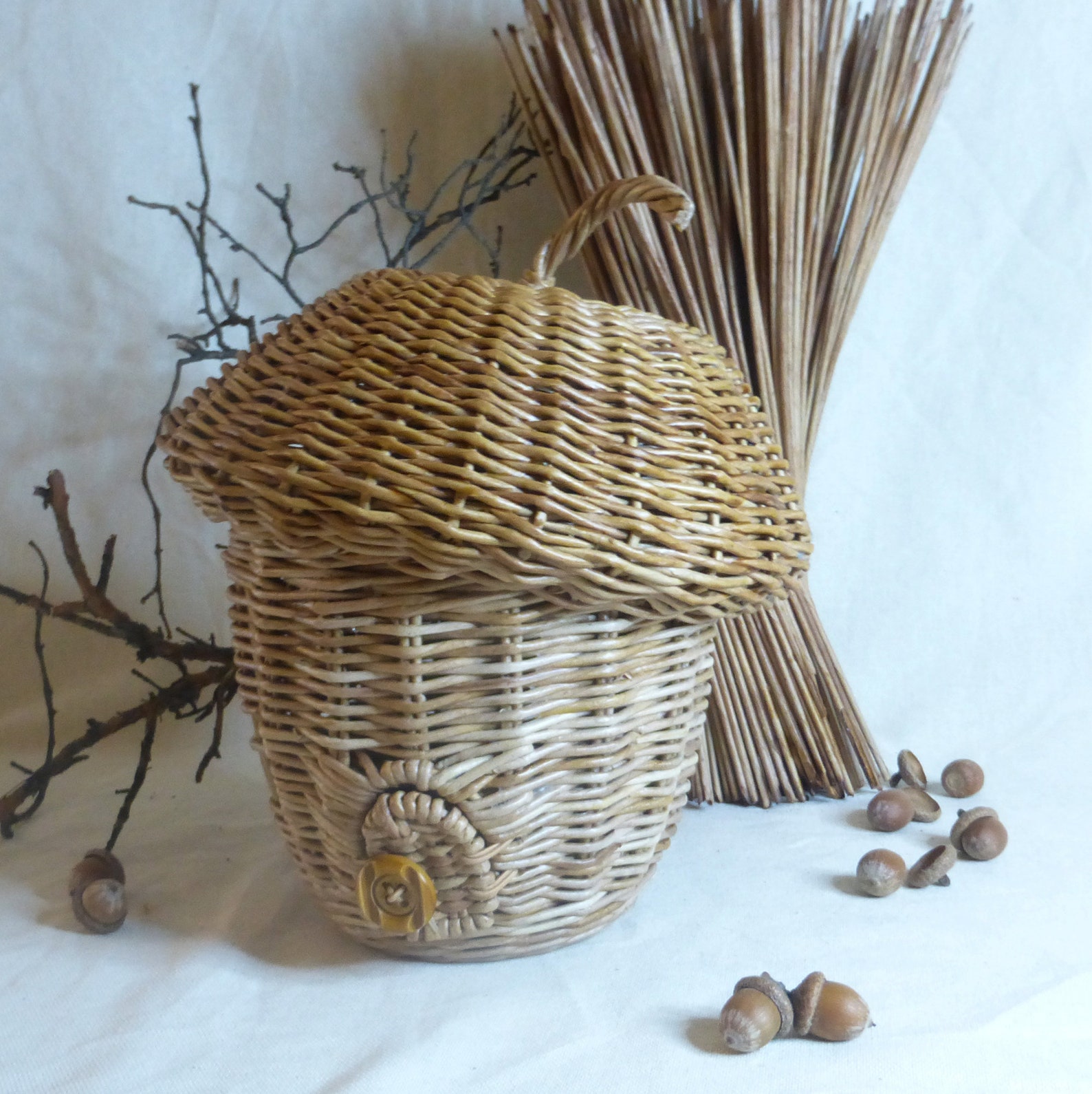 Decorative wicker acorn basket with caps Rustic Home Decor | Etsy