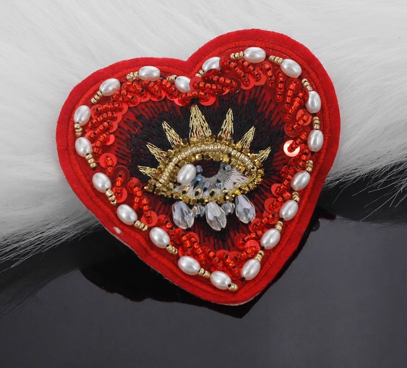 Patch for Bag Beaded Patch Red Heart Patches Pearl DIY Beading ...