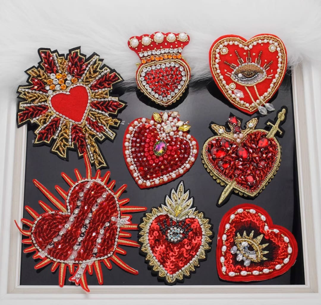 Patch for Bag Beaded Patch Red Heart Patches Pearl DIY Beading ...