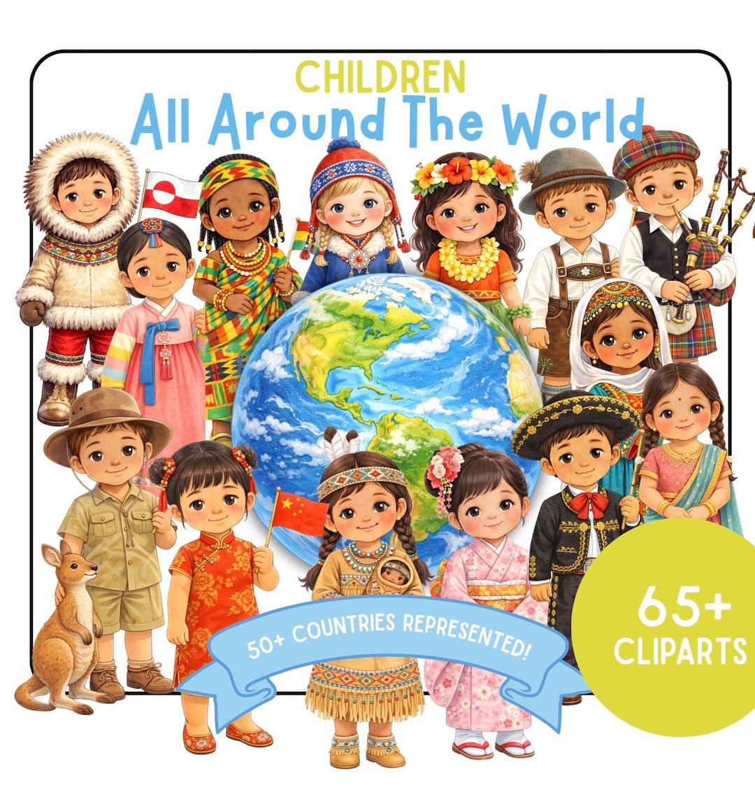 Children Around the World Clipart Bundle | Global Kids Illustrations ...