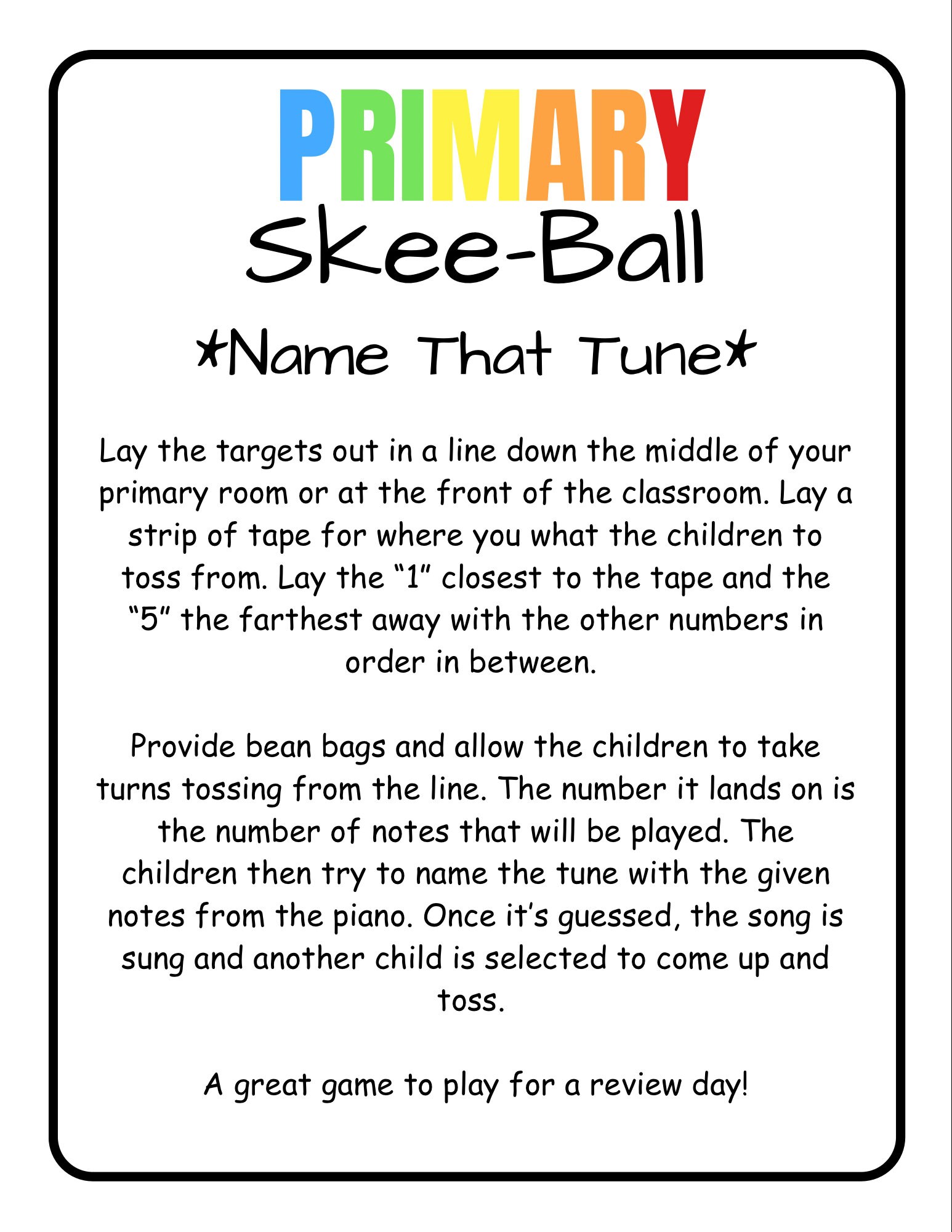 Primary Skee-ball | an EASY Primary Singing Time Activity | | Name That ...