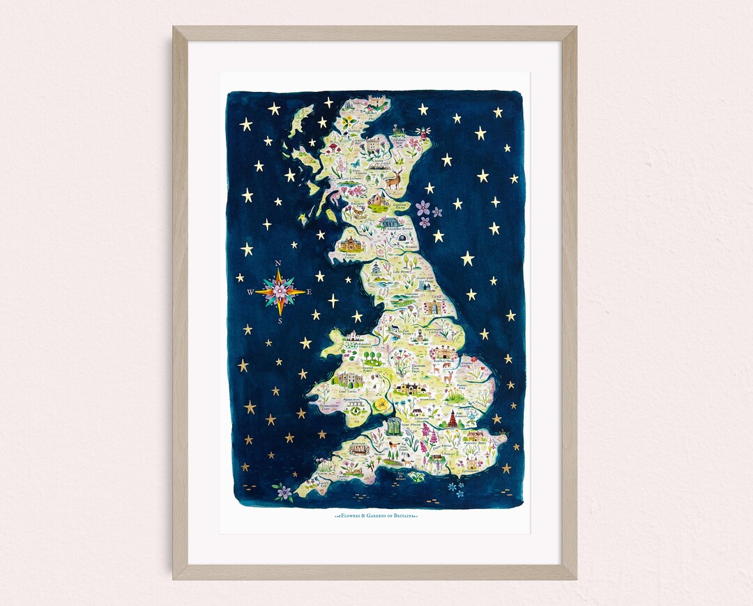 Illustrated Map of Great Britain Art Print, Watercolour Flower Garden ...