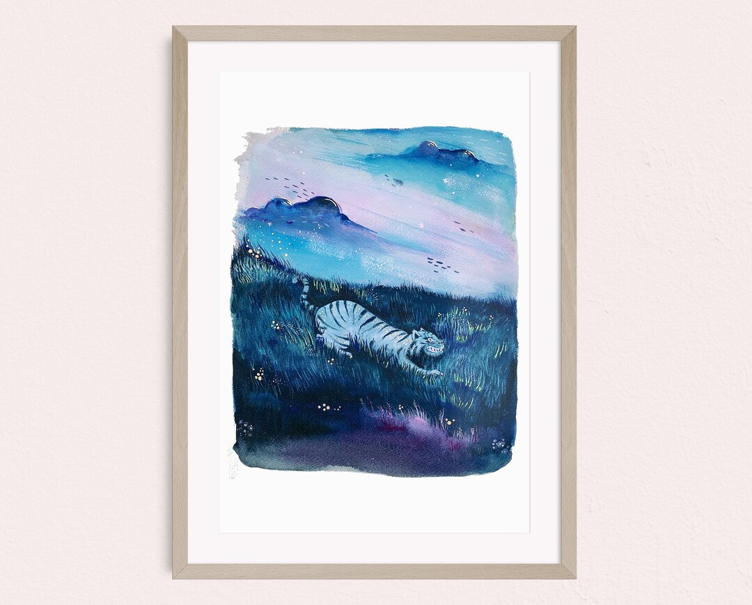Blue Watercolour Tiger Print, Magical Tiger Wall Art, Gold Embellished ...