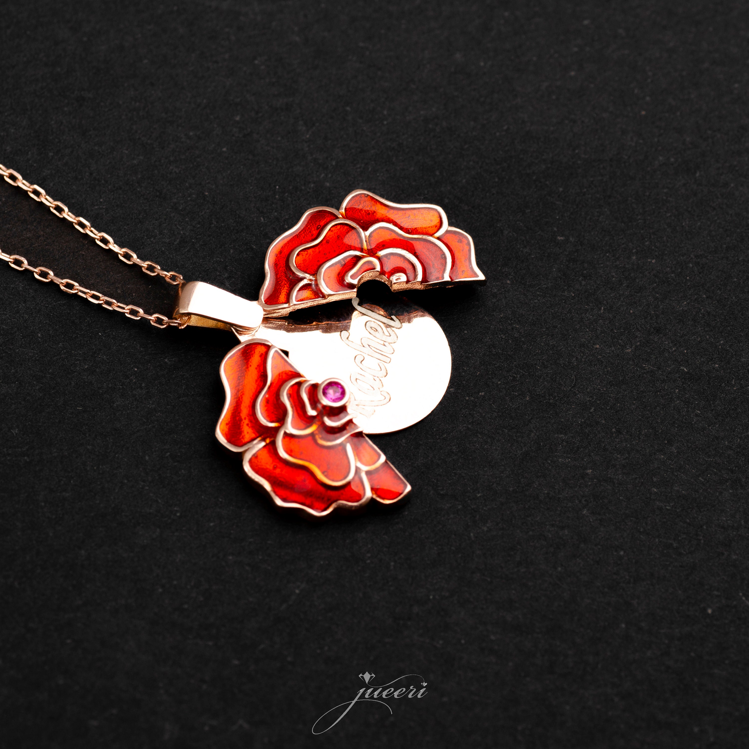 Personalized Rose Necklace, Red Rose Necklace, Name Necklace, Custom ...