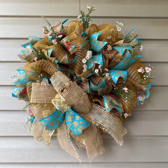 Turquoise And Burlap Mesh Wreath Flower Deco Mesh Wreath/spring