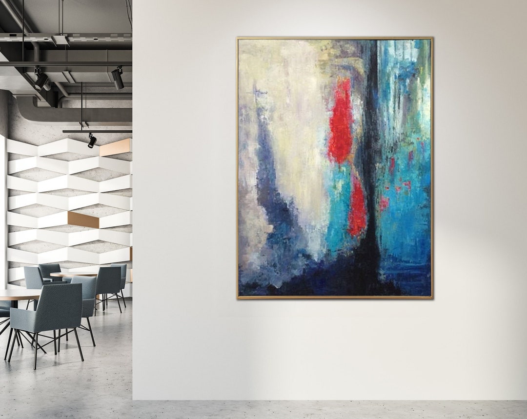 Large Vertical Abstract Painting Blue Red Cream Modern Wall Art ...