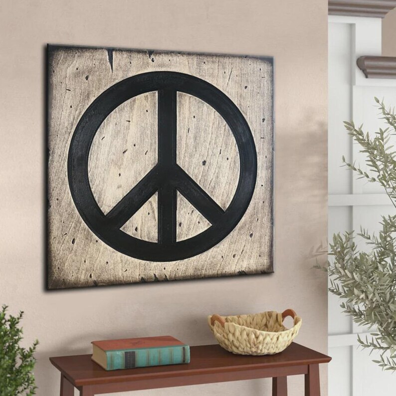 Arte de parede com símbolo da paz, minimalista, em tela preta e branca ...