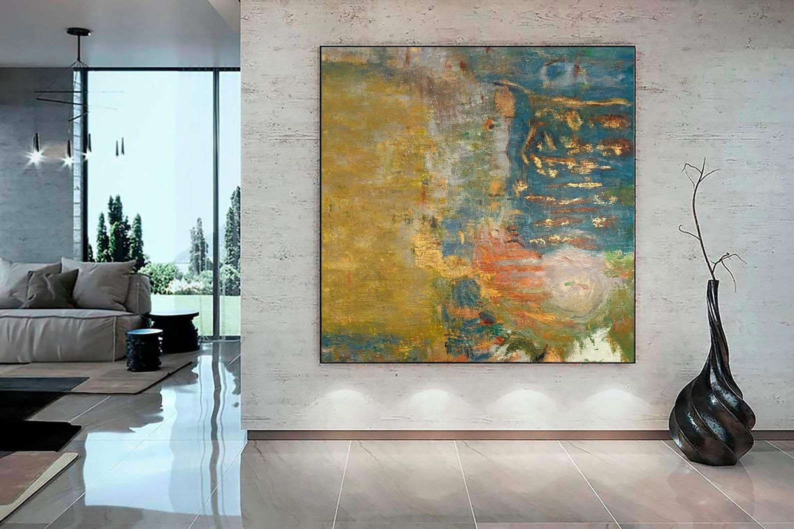 40x40 Large Abstract Painting on Canvas Green Painting Gold Leaf ...