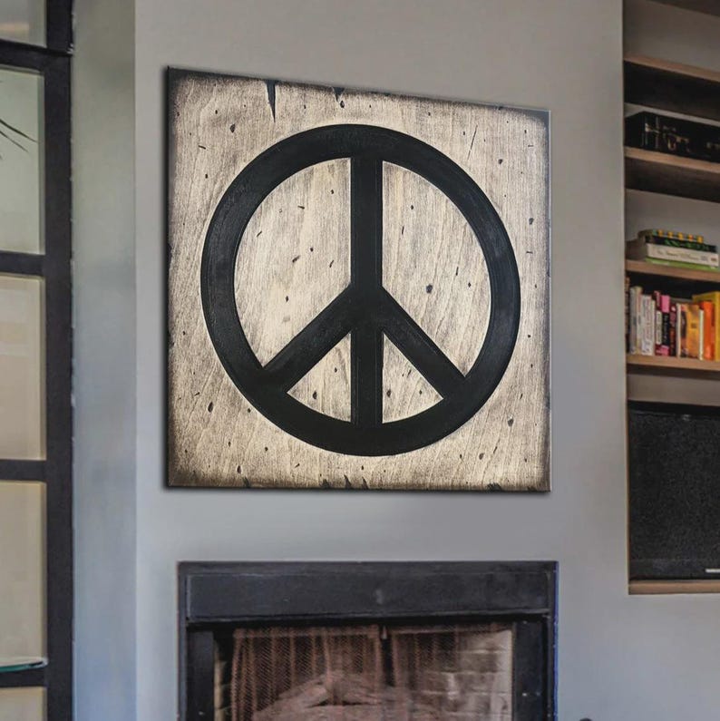 Arte de parede com símbolo da paz, minimalista, em tela preta e branca ...
