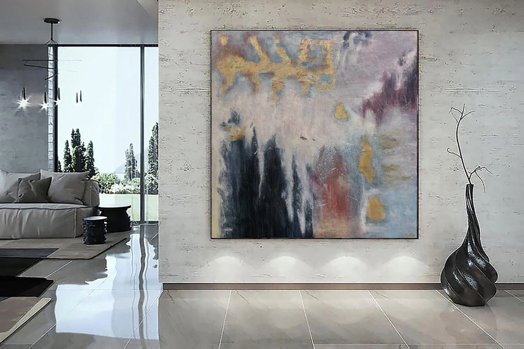 Large Original Abstract Grey Paintings on Canvas With Gold Leaf Art ...