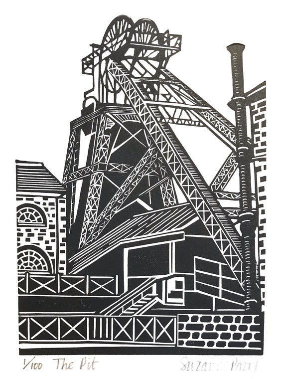 Coal Mine Art Lino Print Wall Art Welsh Pit Head Winding Gear - Etsy