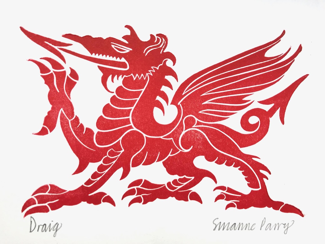 Dragon Art Lino Print Wall Art Welsh Dragon Wales Draig Goch Welsh Flag ...