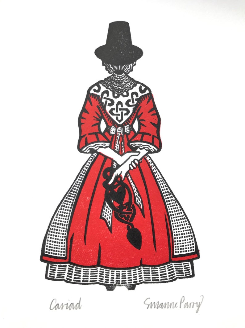Welsh Woman Art Lino Print Wall Art Cariad Love Spoon Traditional Welsh ...