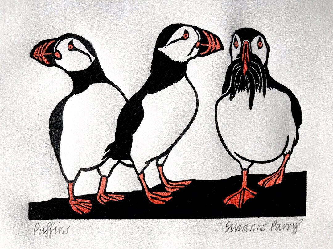Puffins Art Lino Print Wall Art Puffin Skomer Pembrokeshire Orkney ...