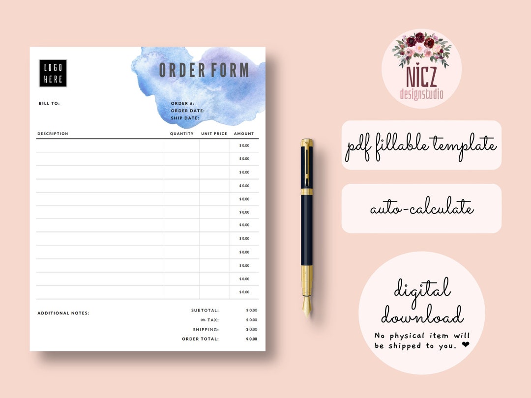 Order Form Template, Fillable PDF Template, Editable Order, Auto ...