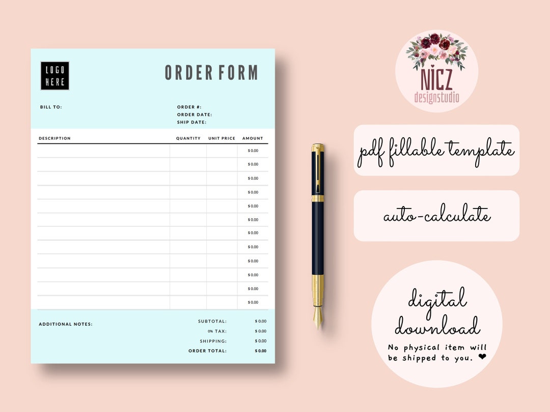 Order Form Template, Fillable PDF Template, Editable Order, Auto ...
