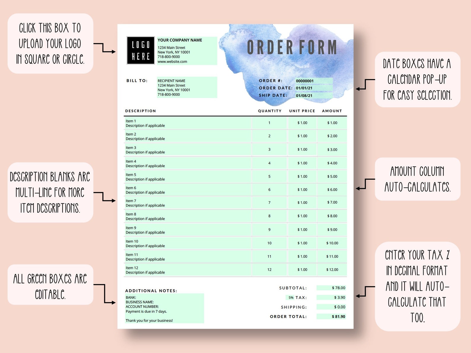 Order Form Template, Fillable PDF Template, Editable Order, Auto ...