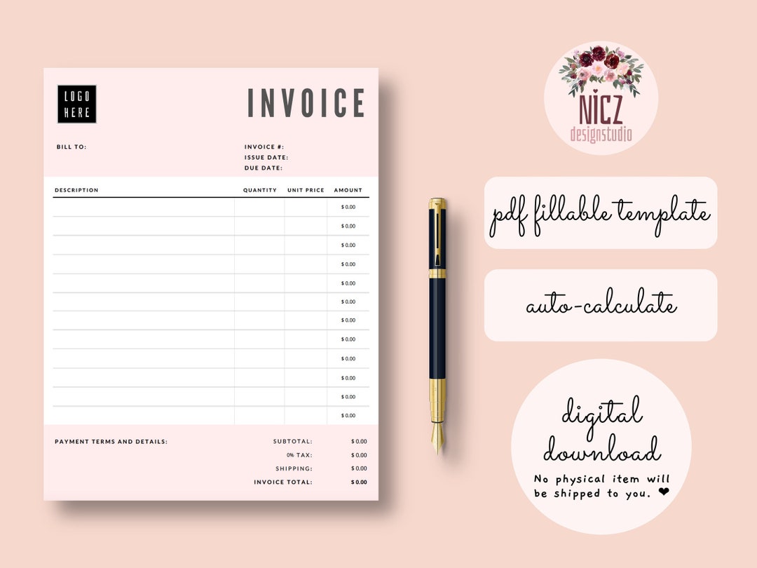 Invoice Template, Fillable PDF Template, Editable Invoice, Auto ...
