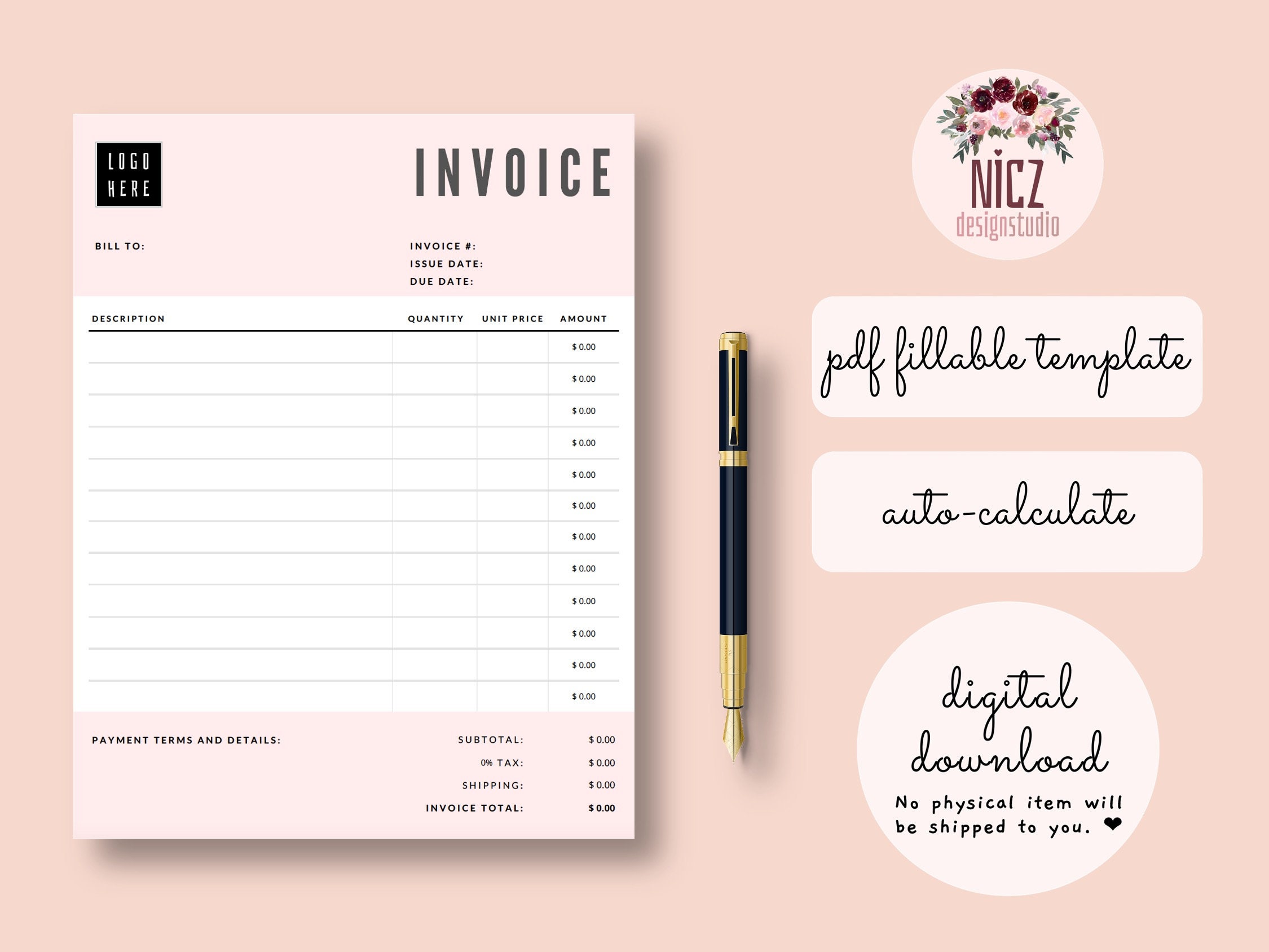 Invoice Template Fillable PDF Template Editable Invoice - Etsy