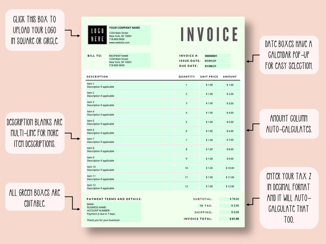 Invoice Template, Fillable PDF Template, Editable Invoice, Auto ...