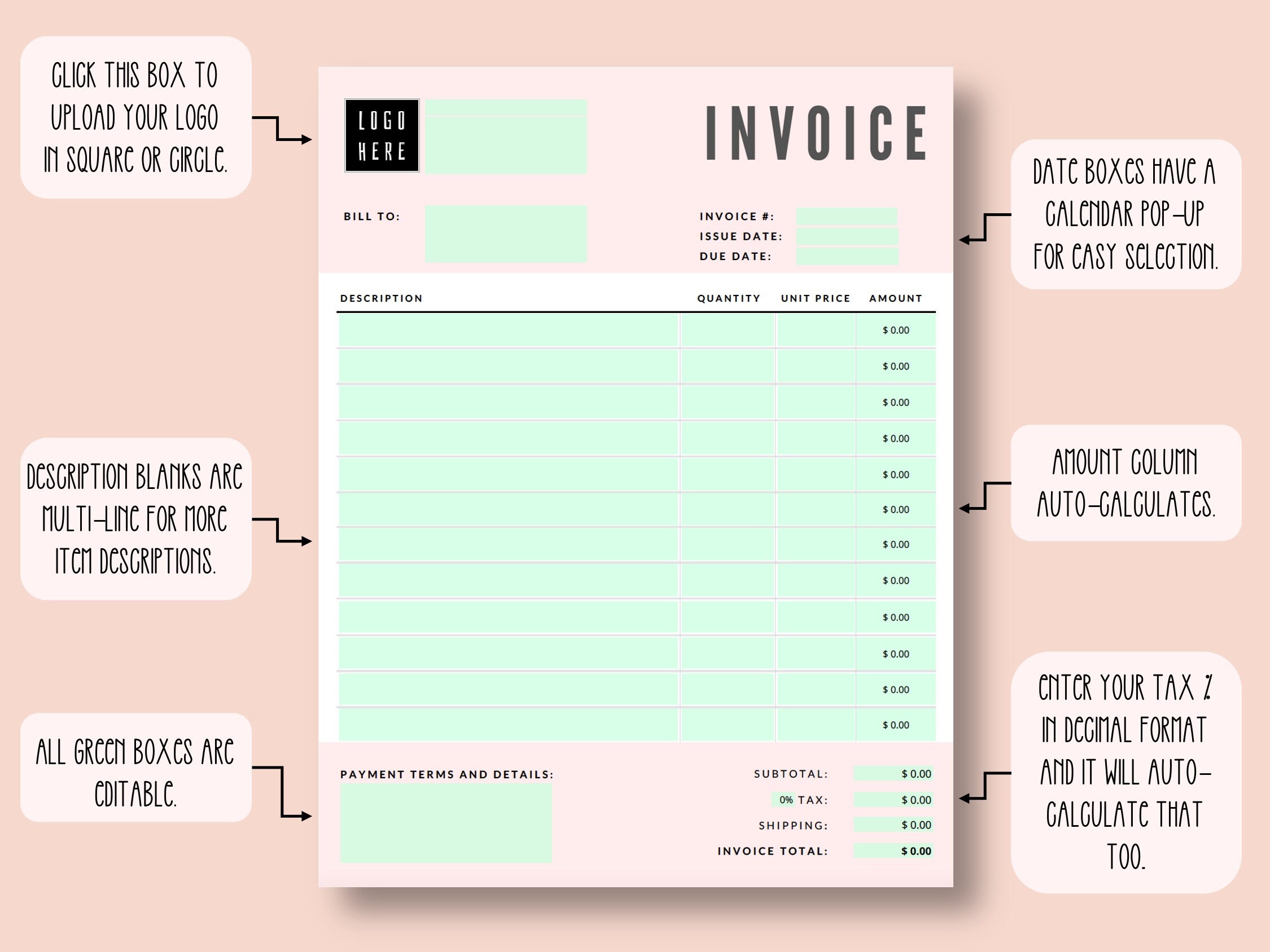 Invoice Template, Fillable PDF Template, Editable Invoice, Auto ...