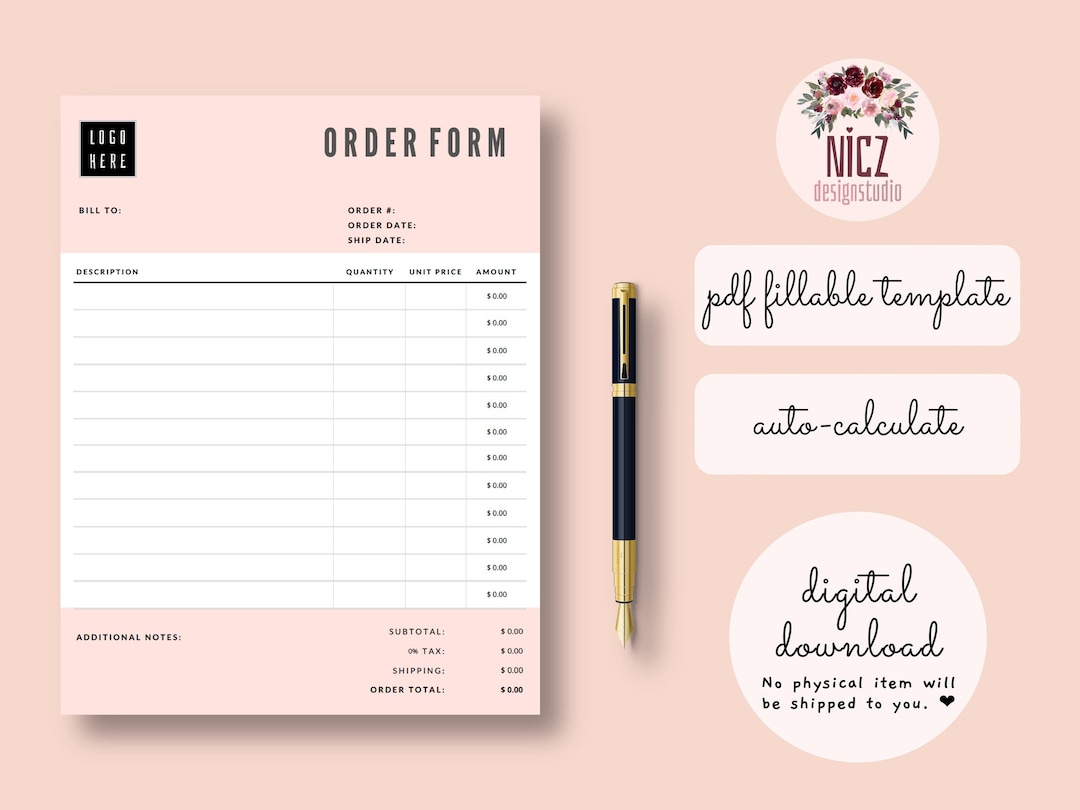 Order Form Template, Fillable PDF Template, Editable Order, Auto ...