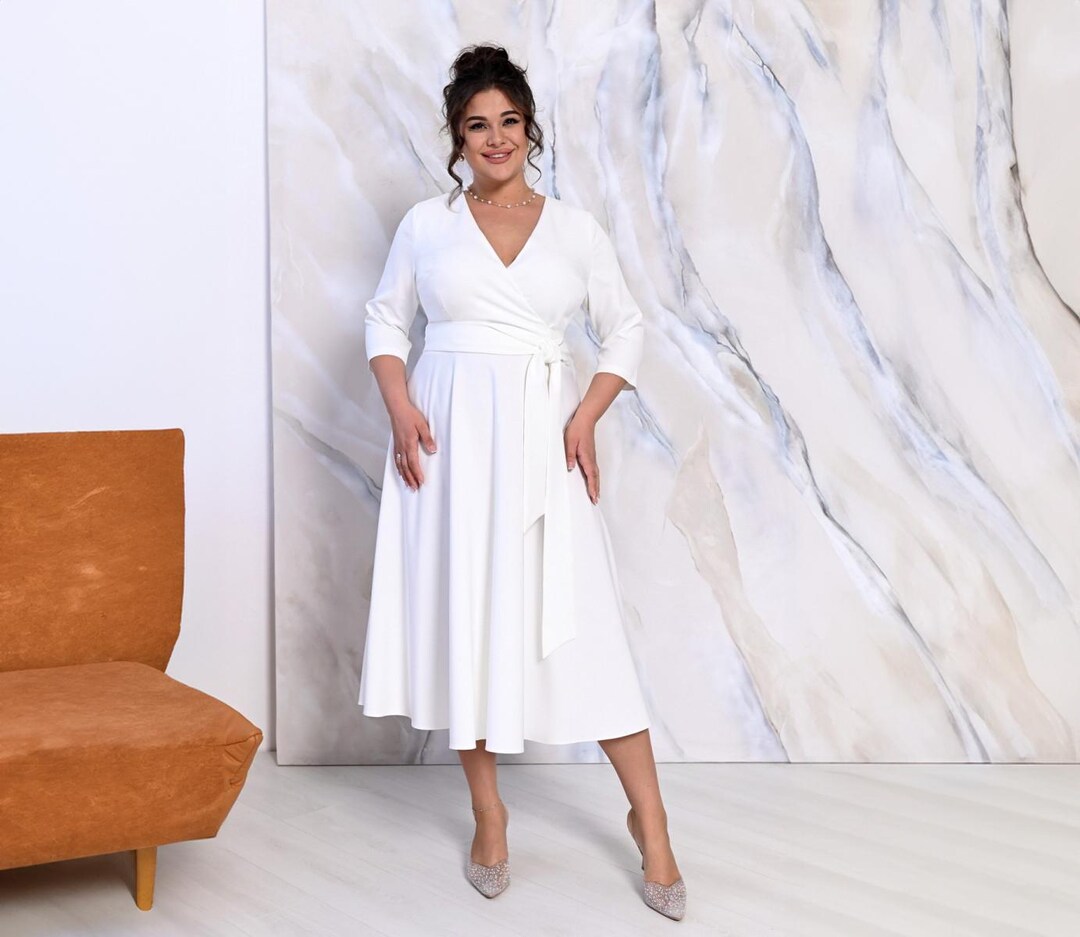 White Midi Cocktail Dress With 3/4 Sleeves - A-line V-neck Plus Size ...