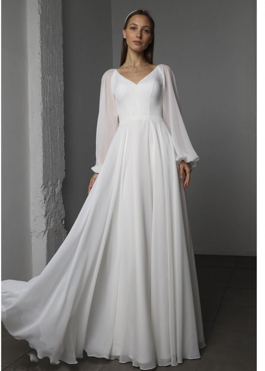 Elegant White Chiffon Maxi Dress With Long Puff Sleeves - Etsy