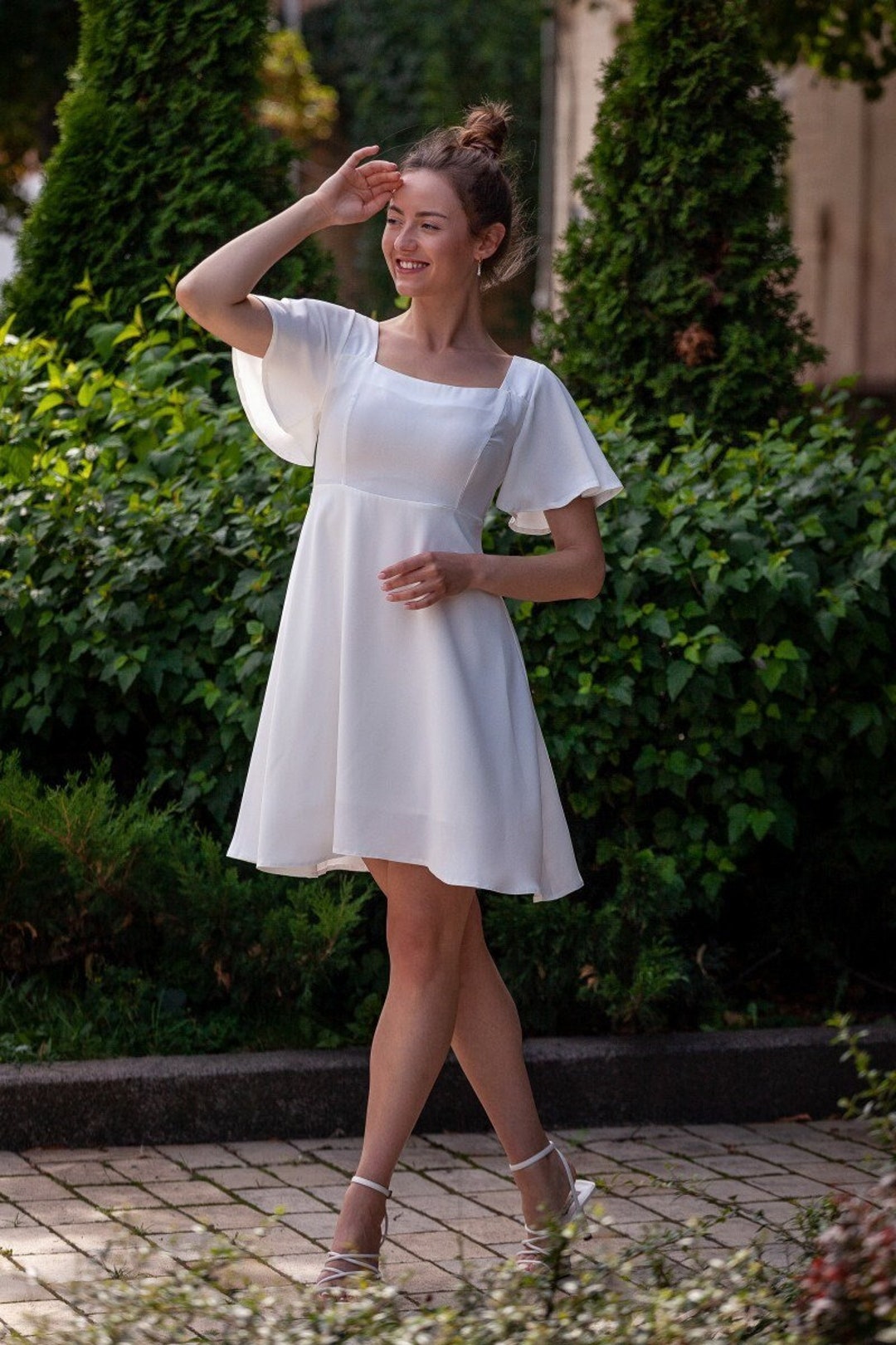 Square Neck White Party Dress / Short Sleeve Cocktail Mini Dress / Mini ...