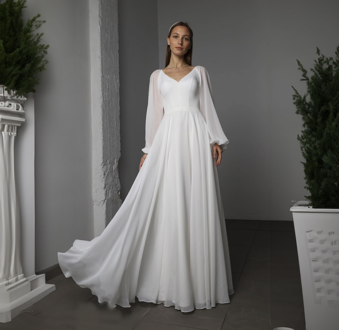 Elegant White Chiffon Maxi Dress With Long Puff Sleeves - Perfect for ...