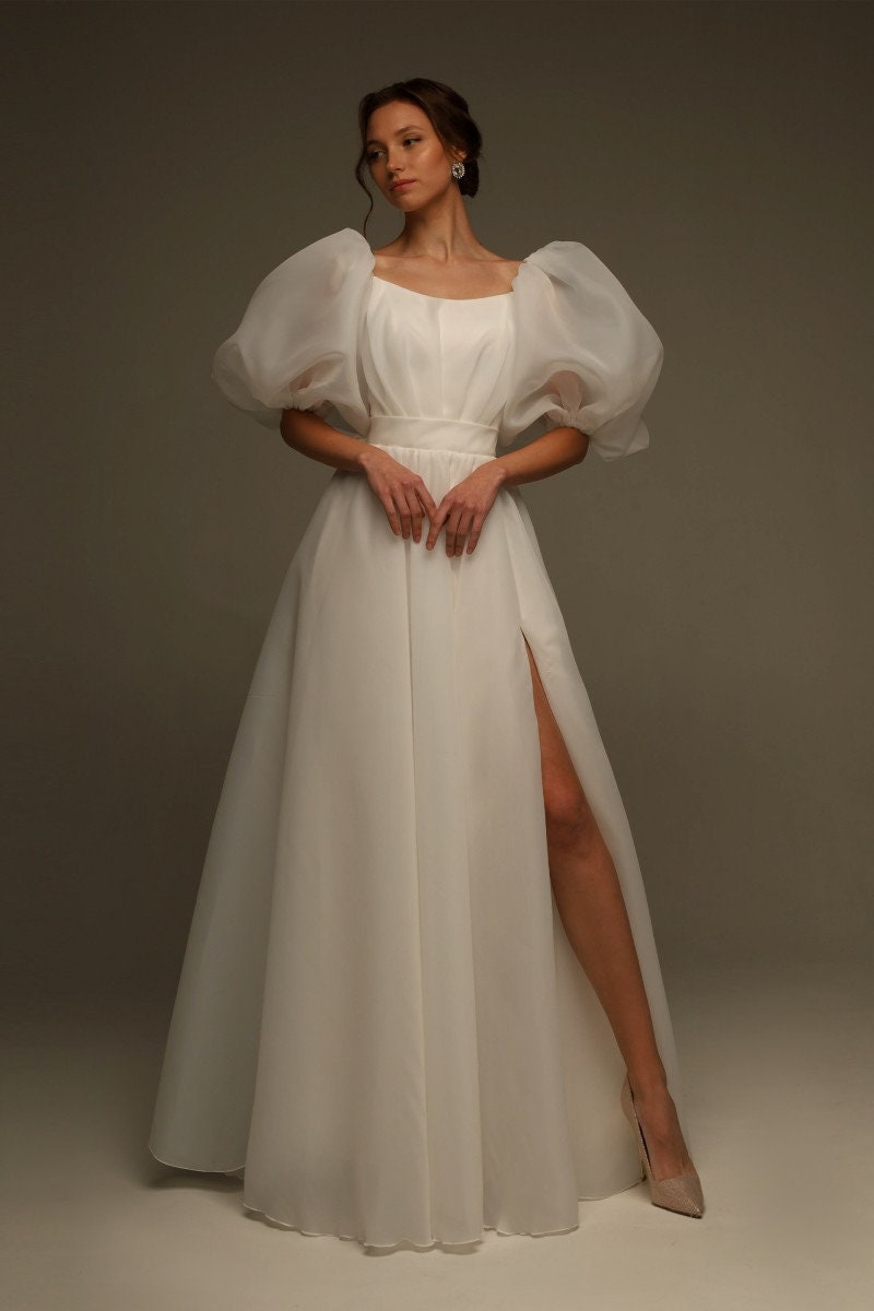 Maxi Wedding Puff Sleeve White Dress With Slit / Wedding Dress With ...