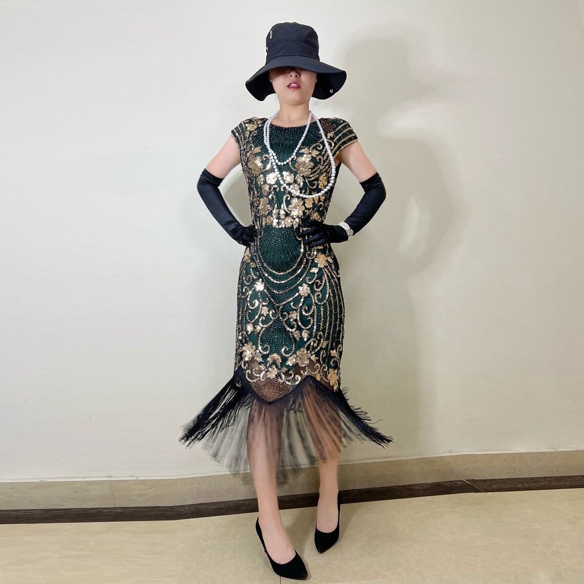 1920s Great Gatsby Flapper, Fringe Dress, Sequin Beaded Dress, Gown Art ...