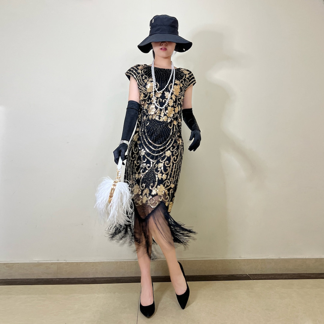 1920s Great Gatsby Flapper, Fringe Dress, Sequin Beaded Dress, Gown Art ...