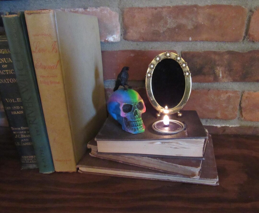 Raven on a Colorful Skull With Scrying Mirror and Candle on Real Books ...