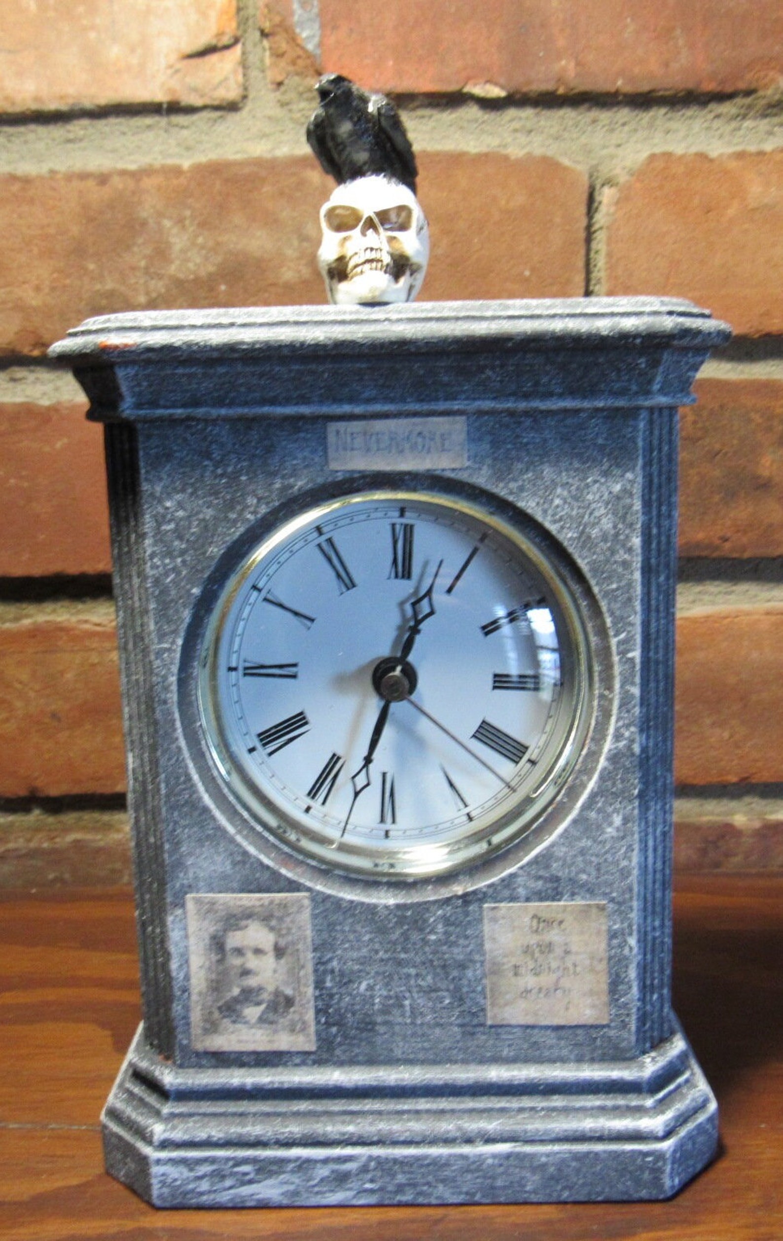 Edgar Allan Poe Aged Nevermore Clock With Raven and Skull for Shelf or ...