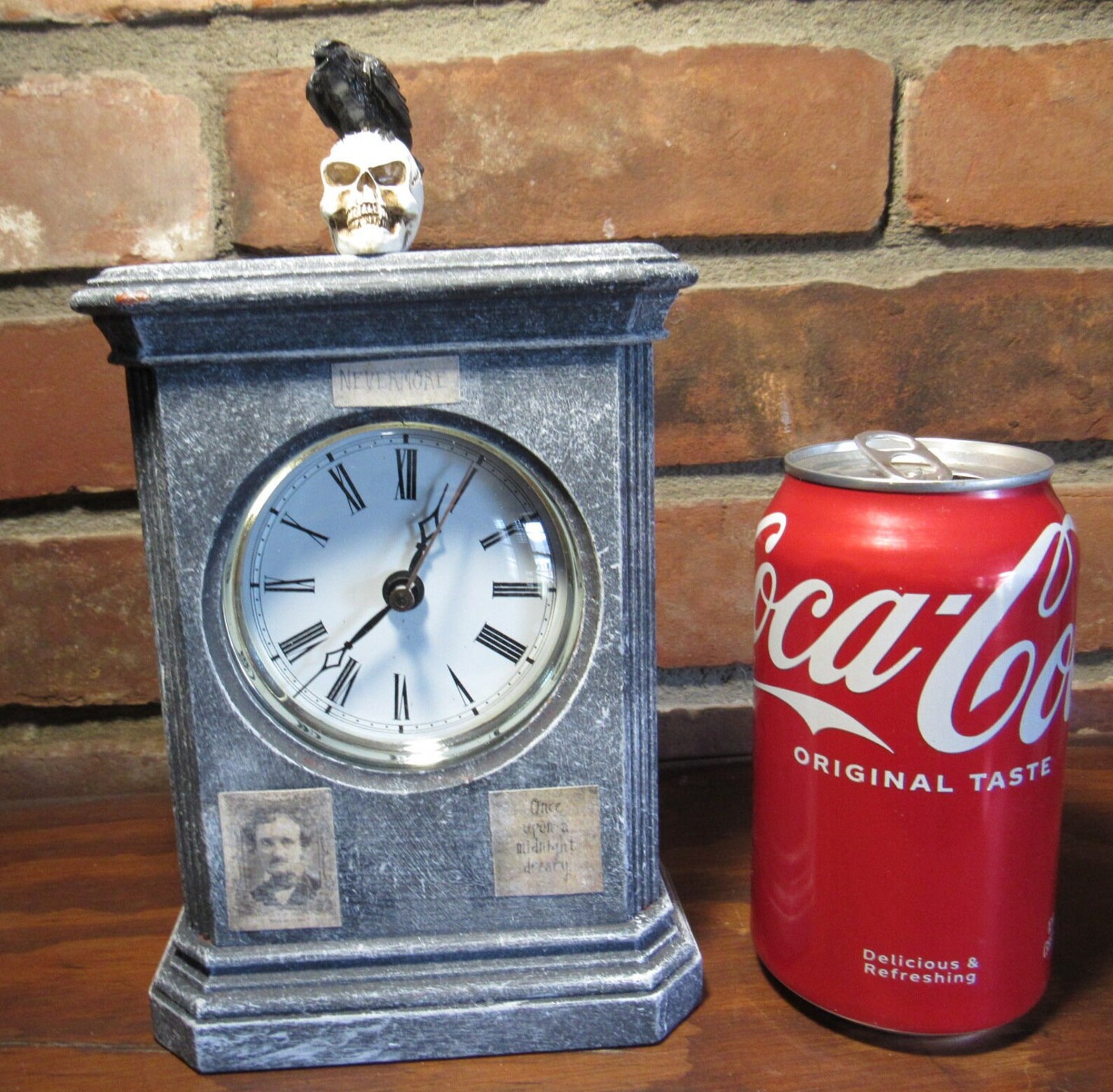 Edgar Allan Poe Aged Nevermore Clock With Raven and Skull for Shelf or ...