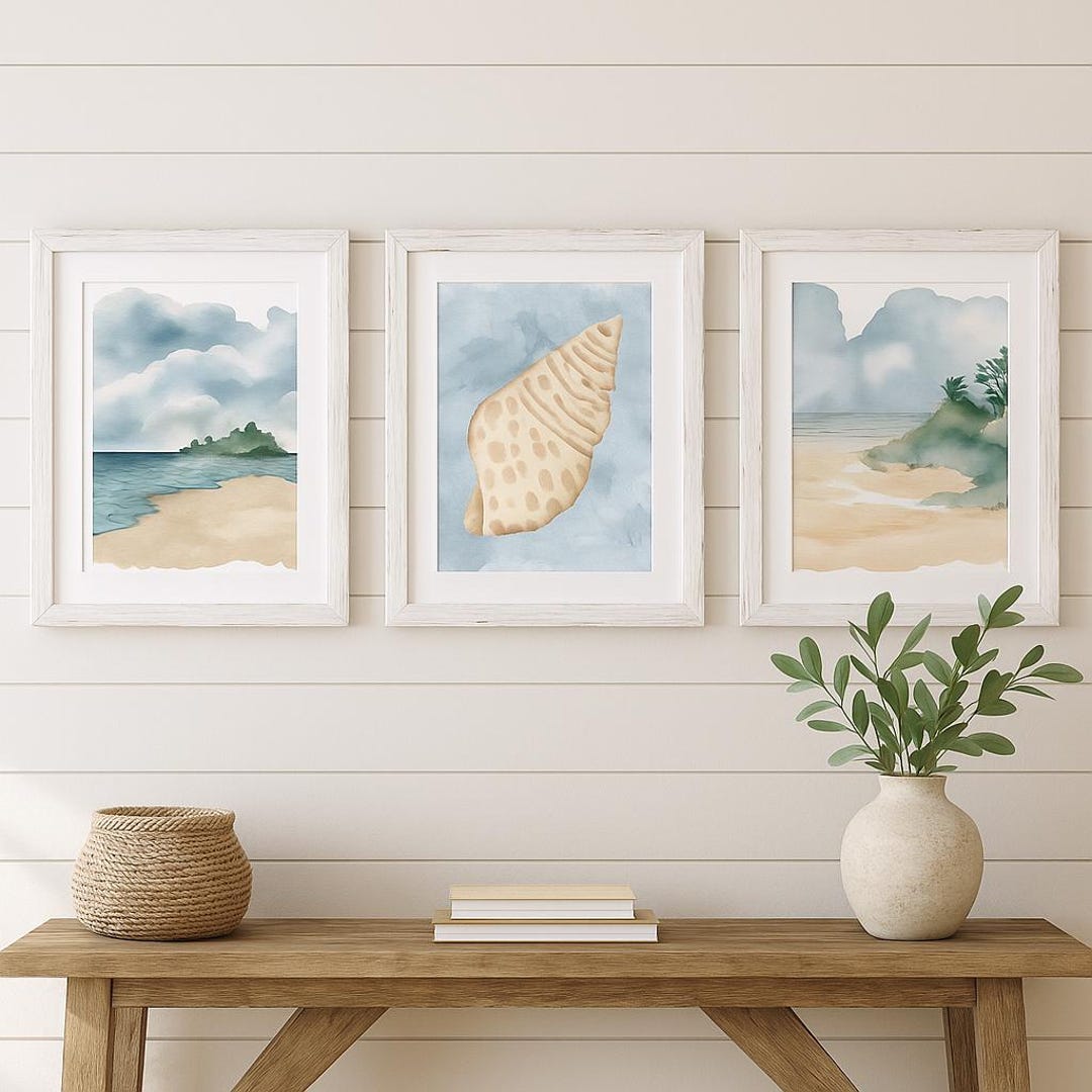 Coastal Wall Art Set – Beach Printable Art Trio – Seashell and Ocean ...