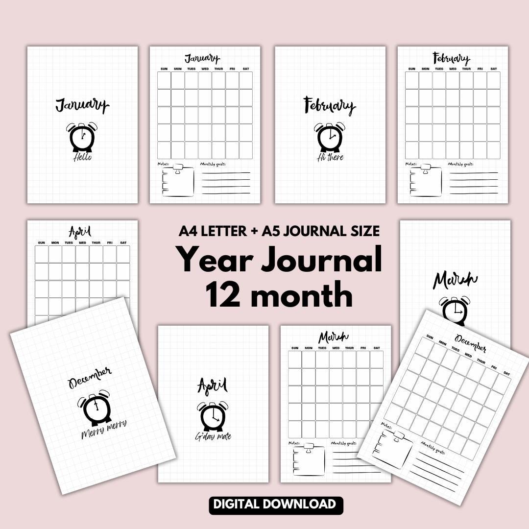 12 Month Journal and Title Pages, Printable Cover Pages Bundle ...